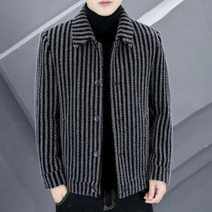 mens fleece lined thick stripes woolen coat- JUPITER BMY LTD